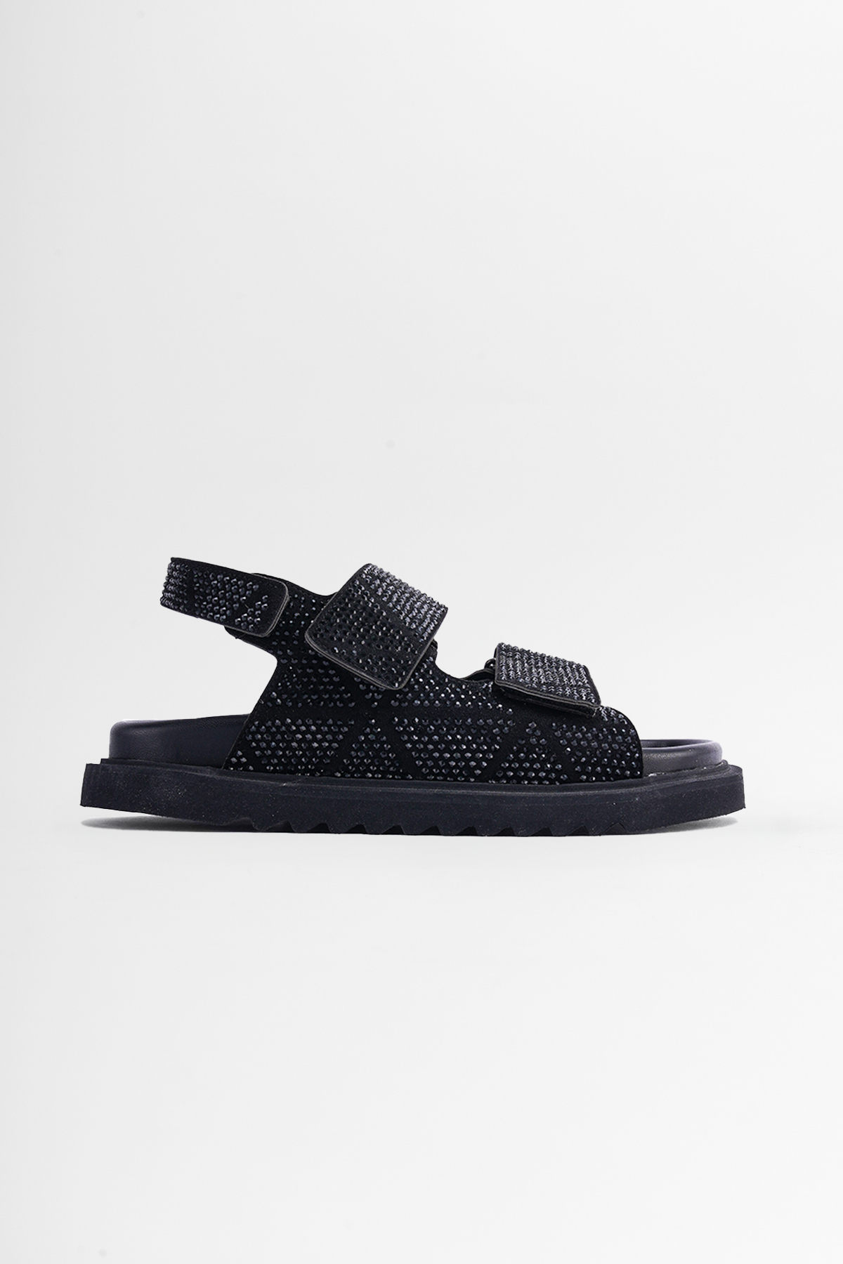 Bella Siyah Gerçek Deri Bantlı Taş Detaylı Kadın Sandalet